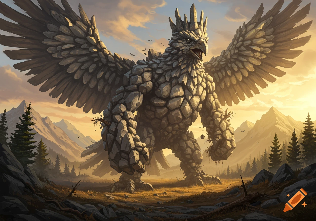 A colossal rock bird creature with large wings and a spiky crown stands ...