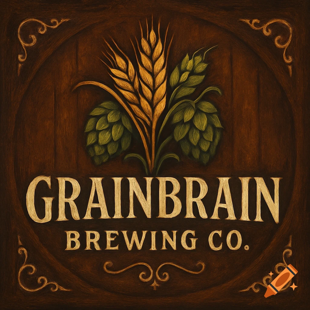 A rustic logo for Grainbrain Brewing Co. on a wooden background ...