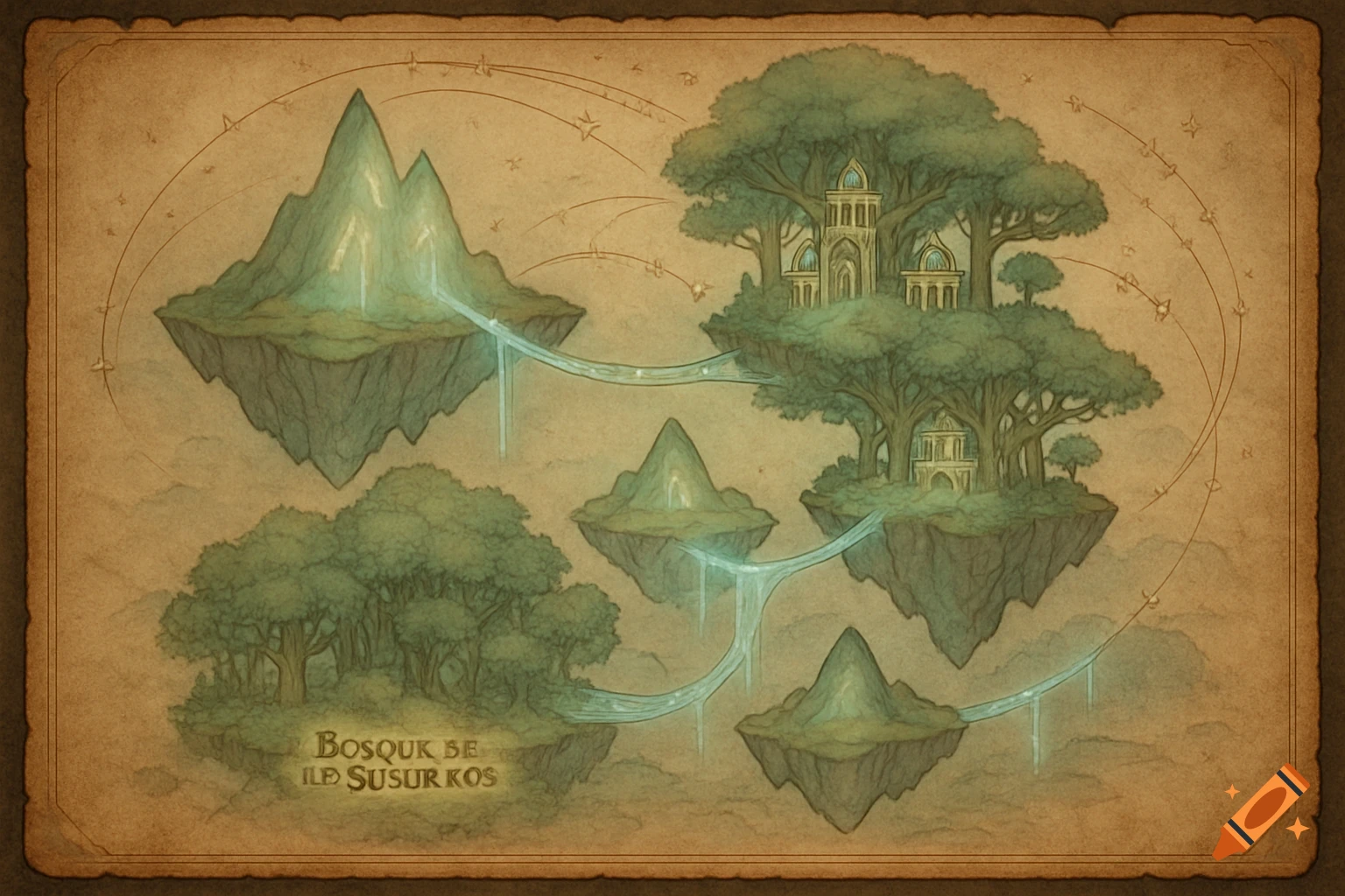 A fantasy map depicting floating islands with glowing mountains, tree ...