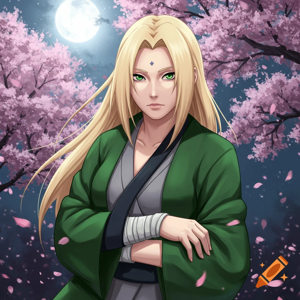Anime illustration of Tsunade with long blonde hair and green eyes ...