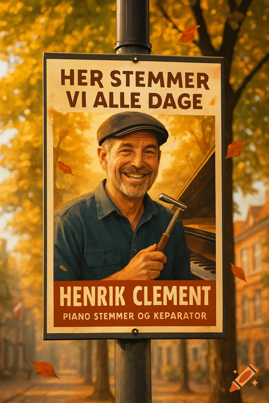 A man on an election-style poster advertising piano tuning and repair ...