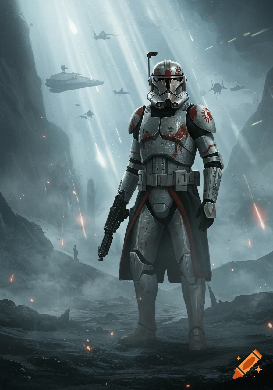 A Star Wars clone trooper in white and red armor stands on a misty ...