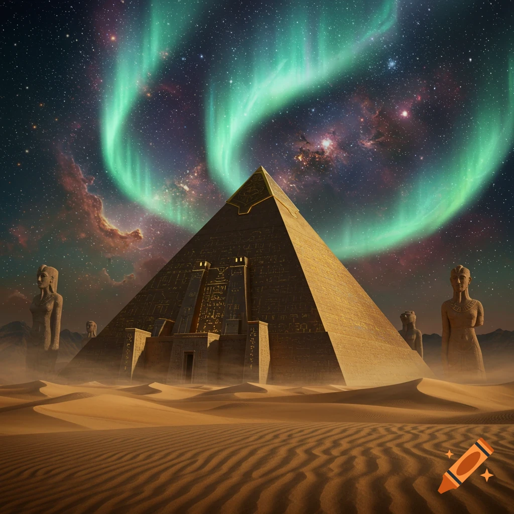 A golden pyramid and ancient statues stand in a vast desert under a ...