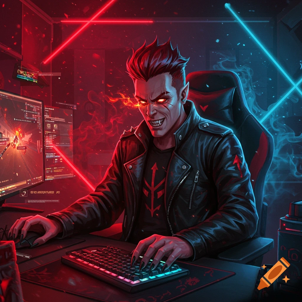 A stylized illustration of a demonic gamer with glowing red eyes and ...