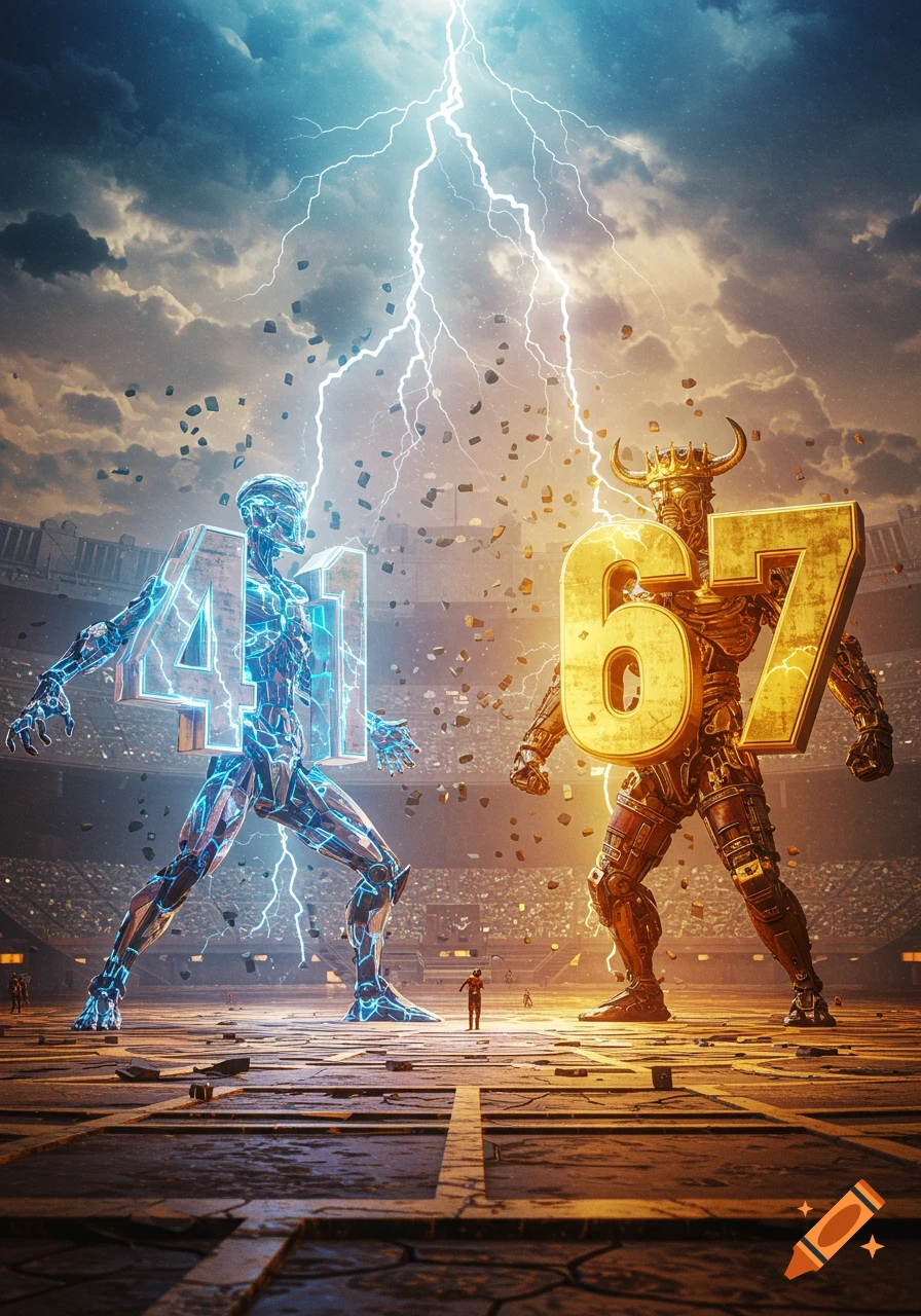 Two colossal humanoid figures, one blue with '41' and one gold with '67 ...