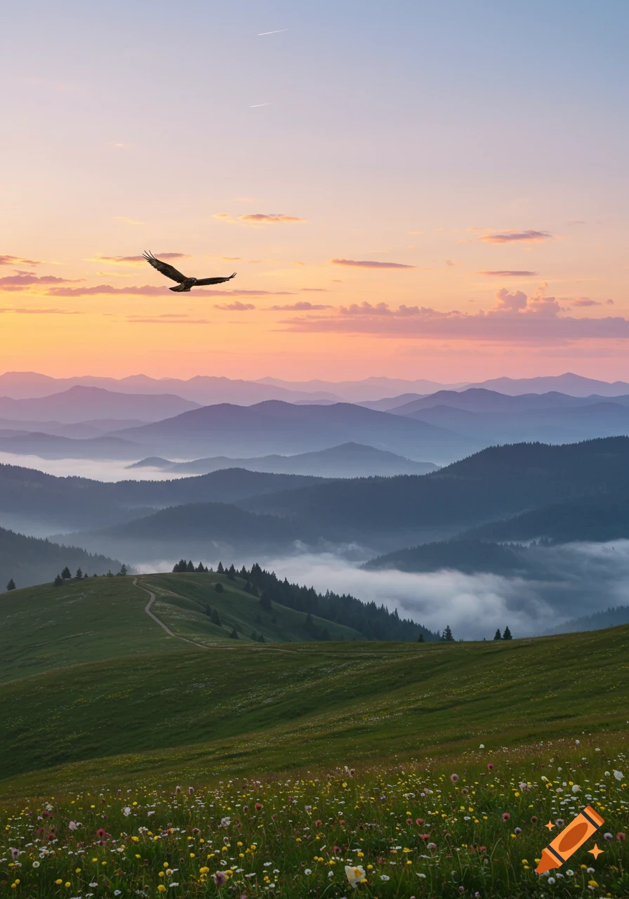 A majestic eagle soars over a mountain range with misty valleys and a wildflower-covered green ...