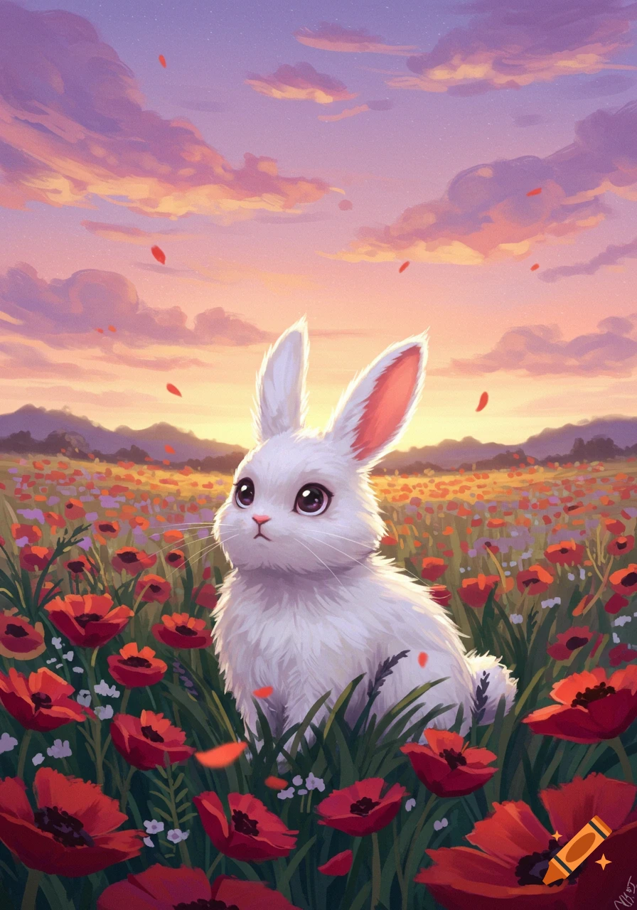 A cute white rabbit sits in a vibrant field of red poppies under a ...