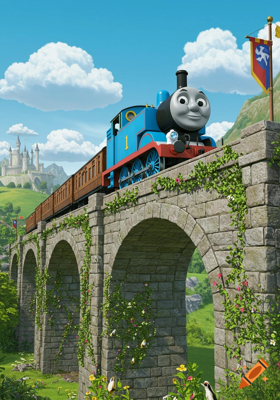 Thomas the Tank Engine crosses a vine-covered stone bridge with a large ...