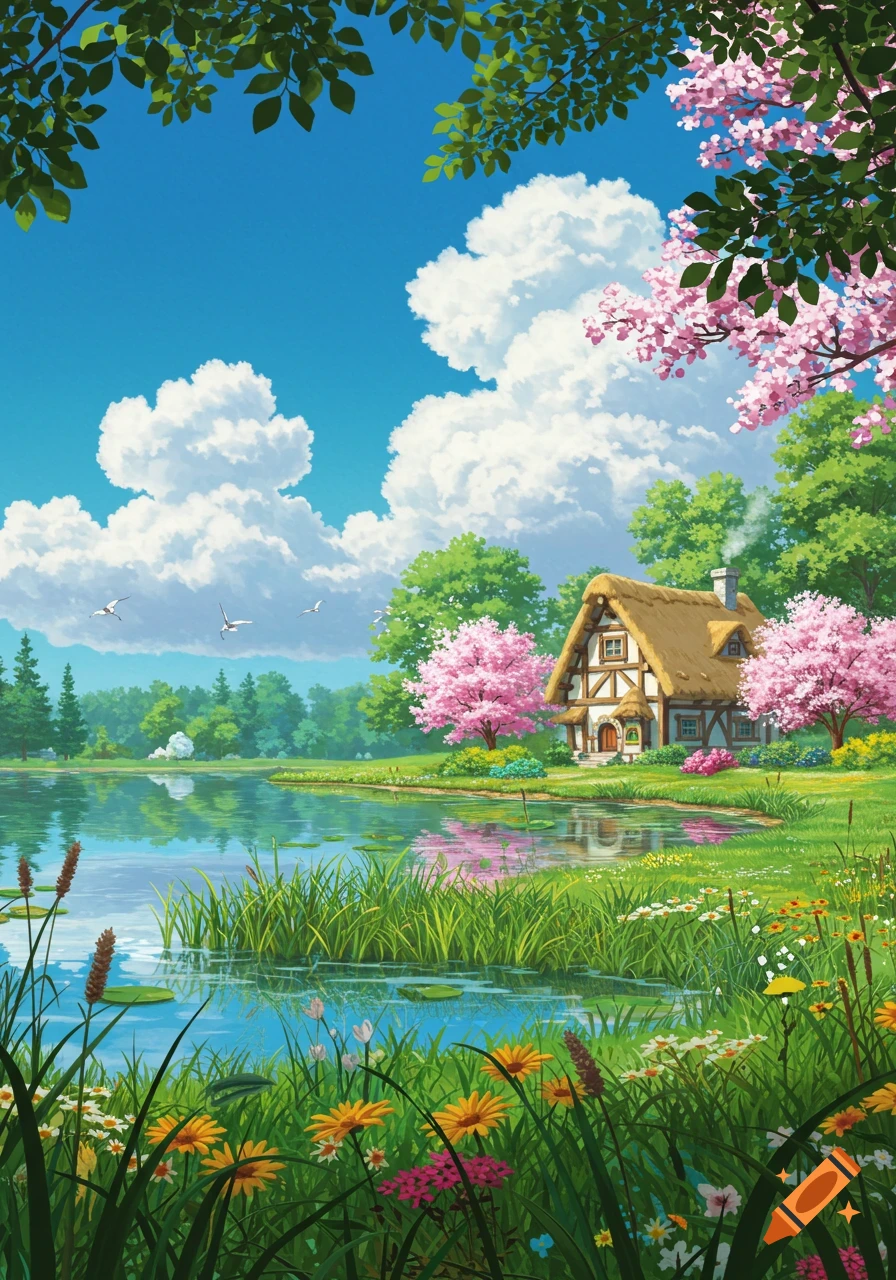 An animated cottage by a tranquil lake, surrounded by lush green grass ...