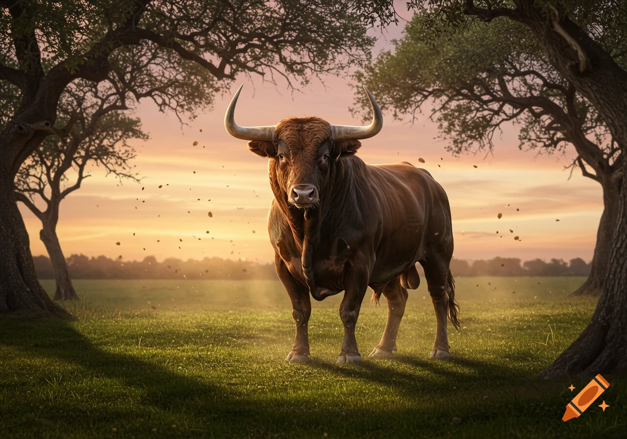 A majestic brown bull with long curling horns stands in a grassy field ...