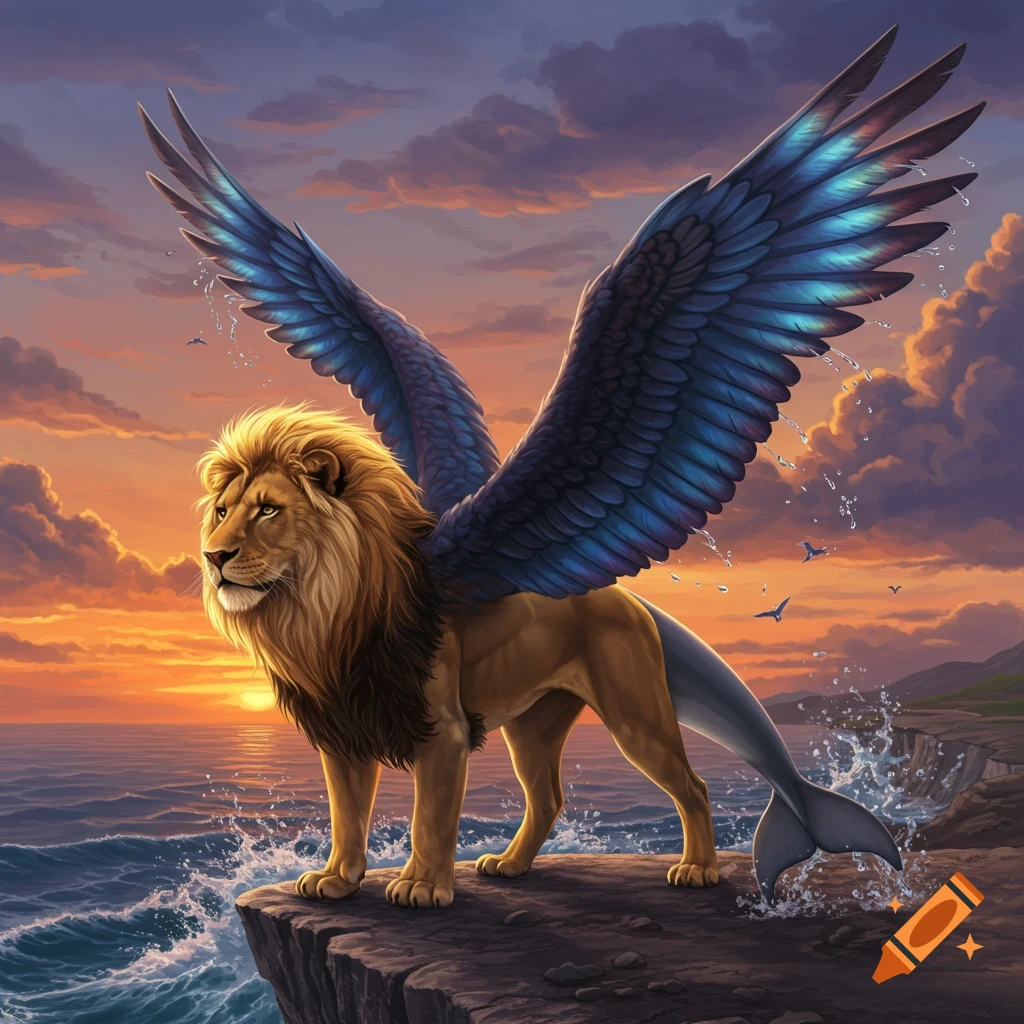 A majestic winged lion with a dolphin tail stands on a cliff ...