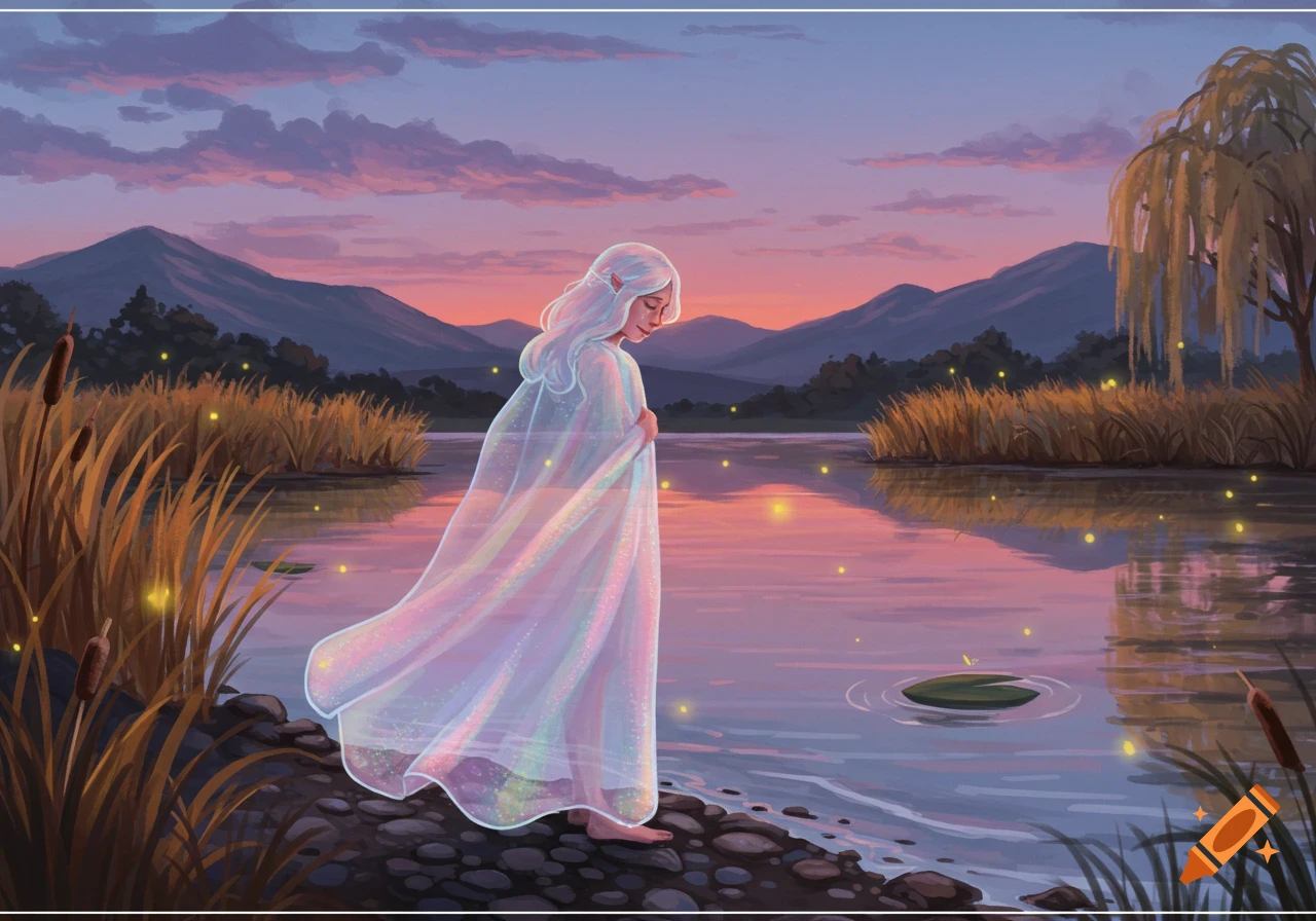 Illustrative fantasy scene of an elf in a shimmering cloak by a lake ...
