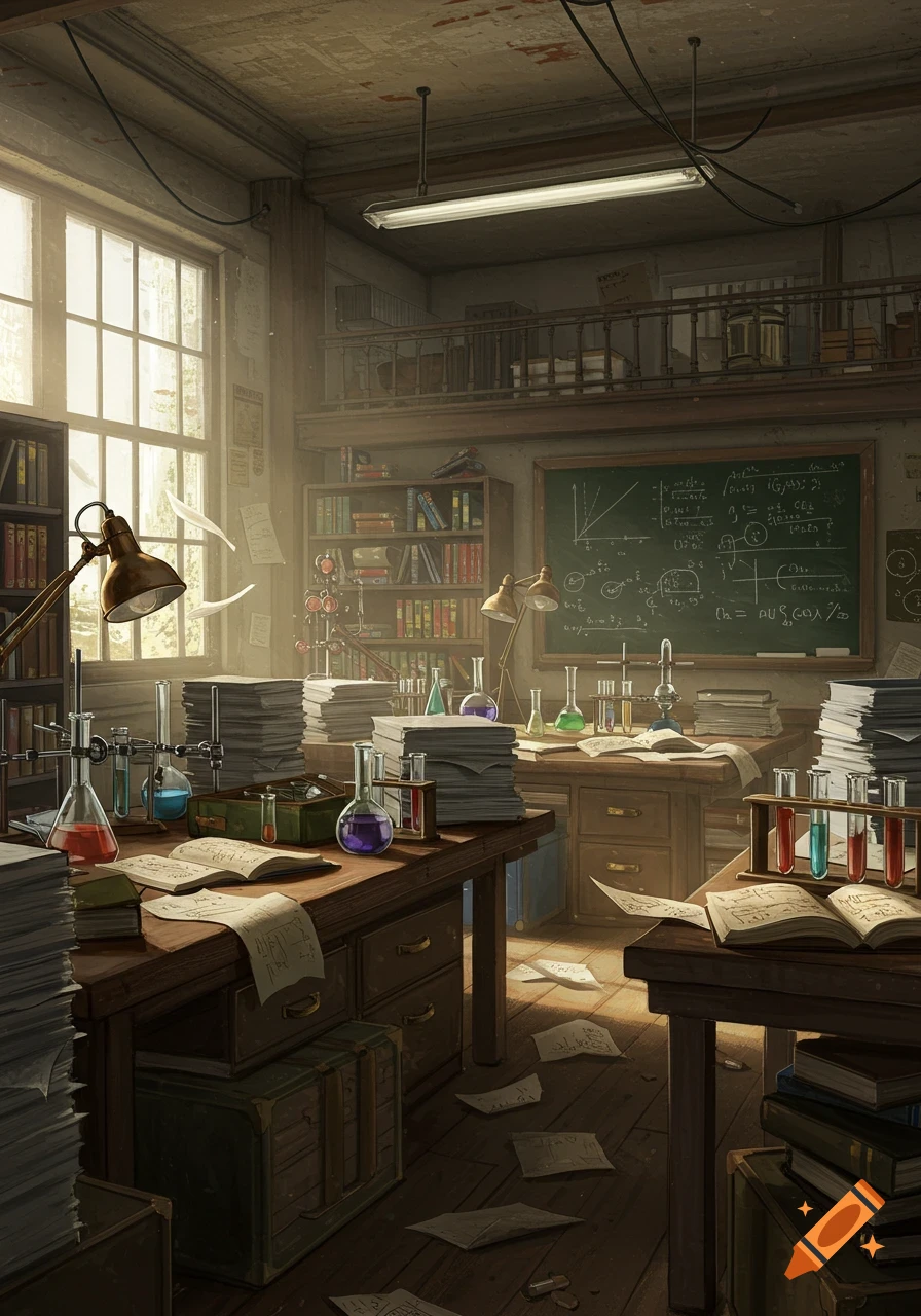 A cluttered, old-fashioned laboratory with scientific equipment, stacks ...