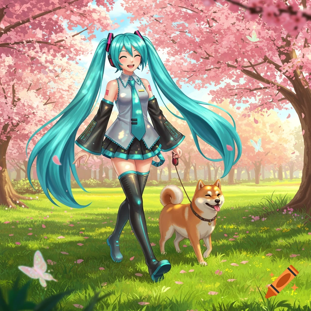 Hatsune Miku, an anime girl with long blue pigtails, smiles while ...