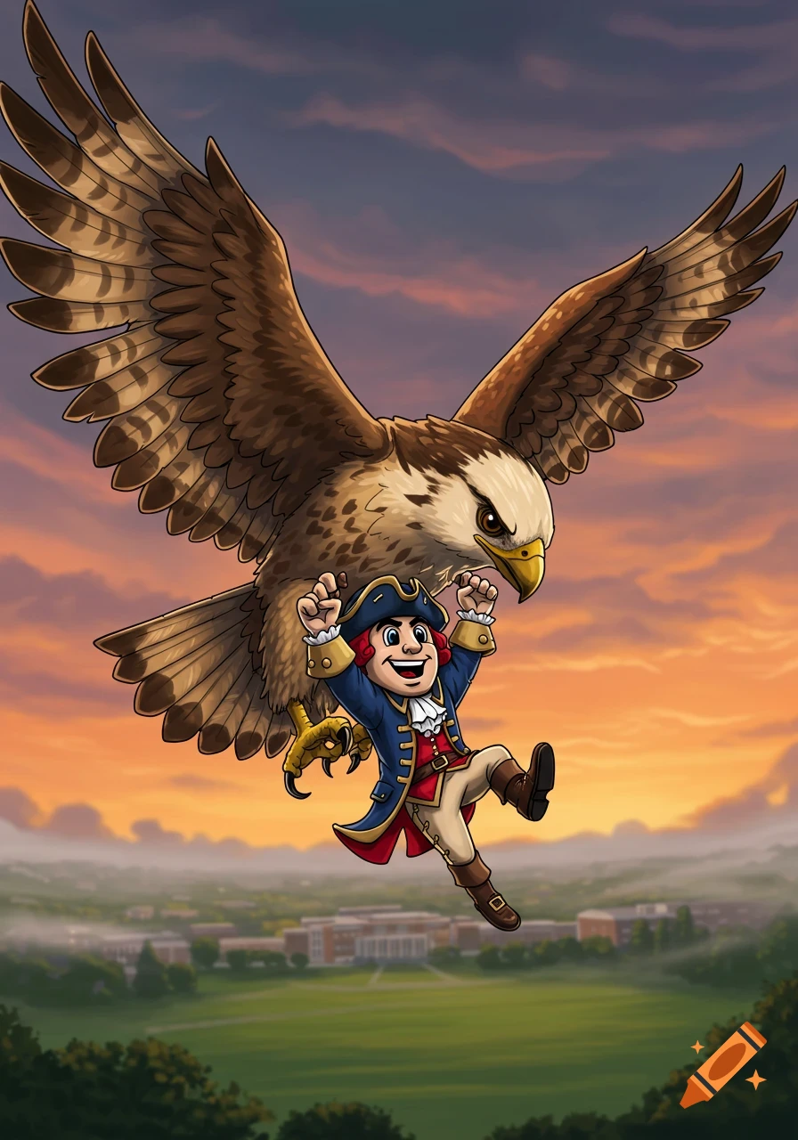 A cartoon colonial-era mascot is carried by a large hawk with ...