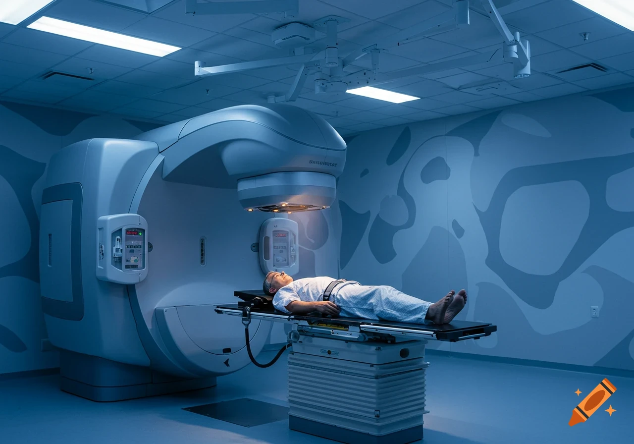 A patient lies on a treatment table under a large, modern radiation ...