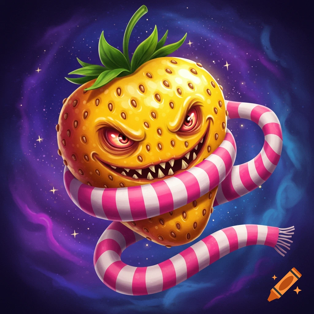 A cartoon yellow strawberry with a scary face, sharp teeth, and glowing ...