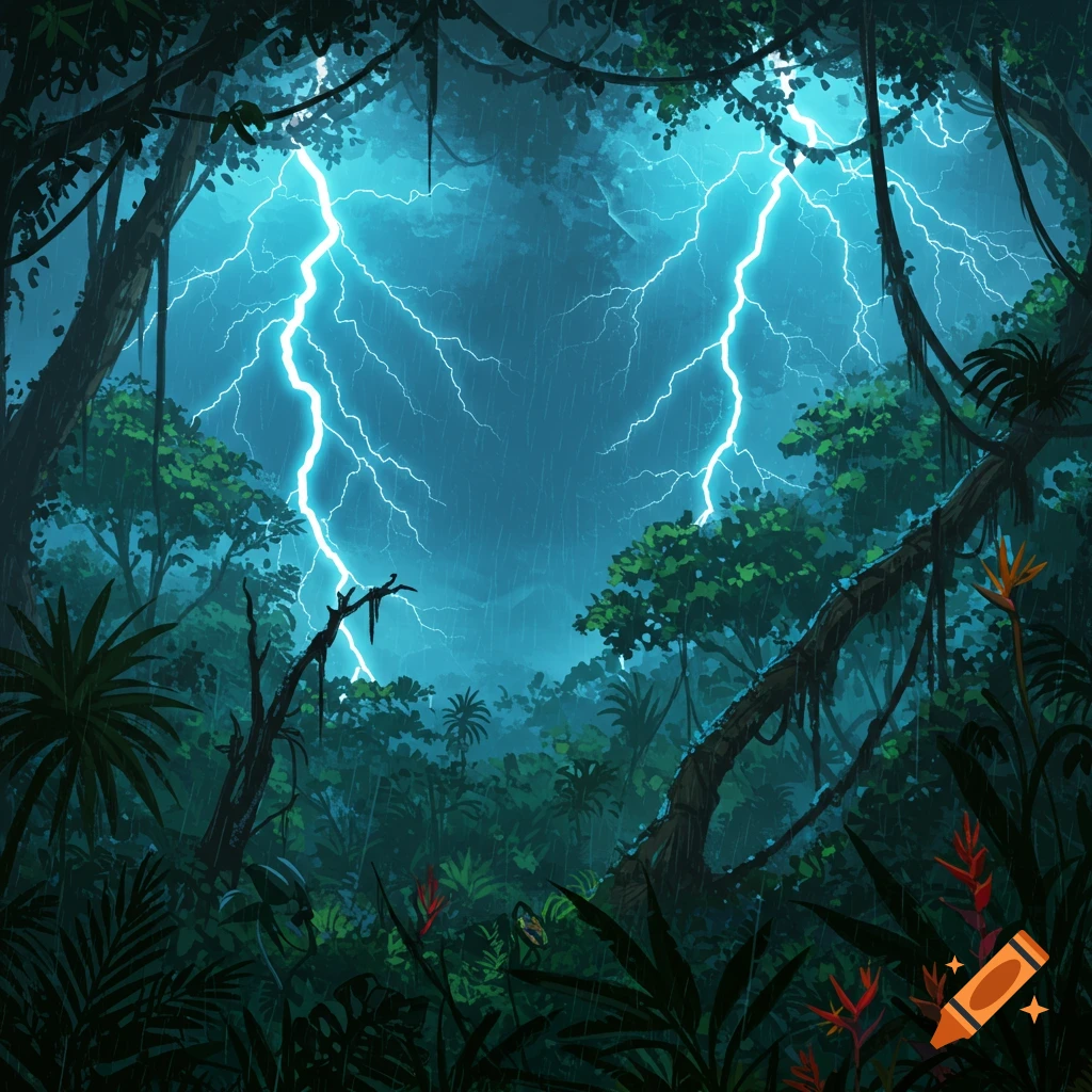 Dark, stylized jungle during a heavy rainstorm with bright lightning ...