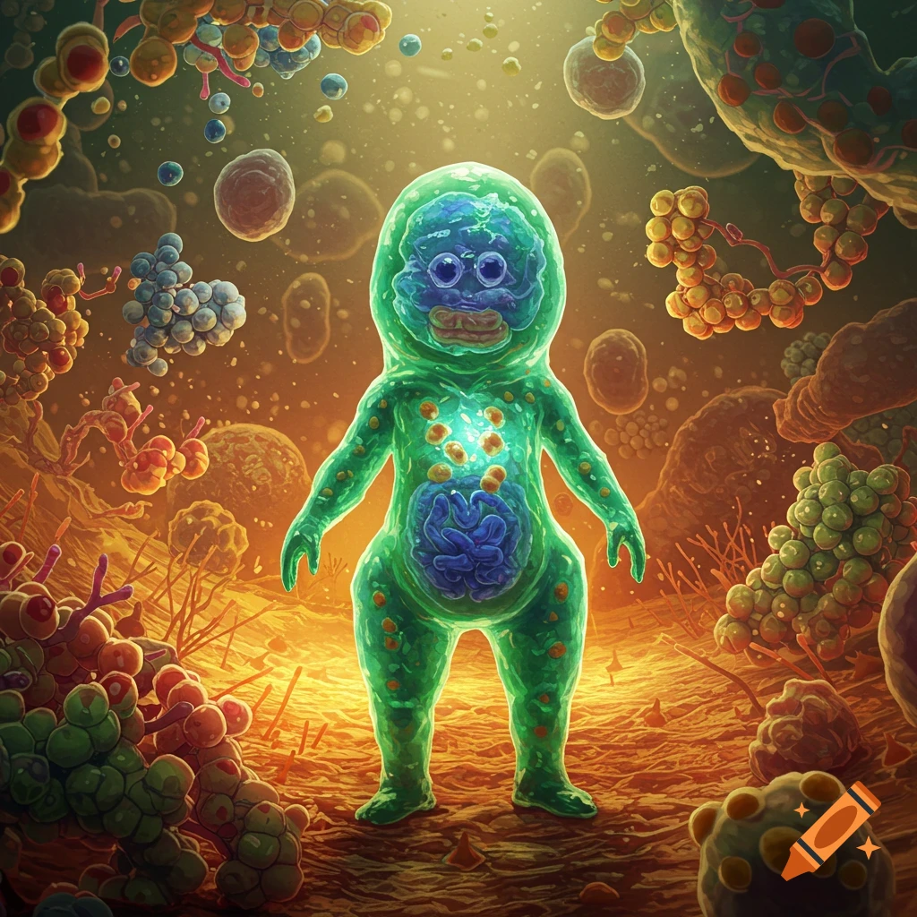 A vibrant green, human-shaped cell creature with blue internal organs ...