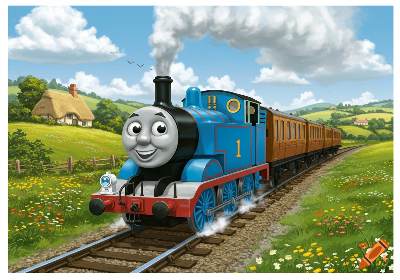 A friendly blue train, Thomas the Tank Engine, smiles as it travels ...