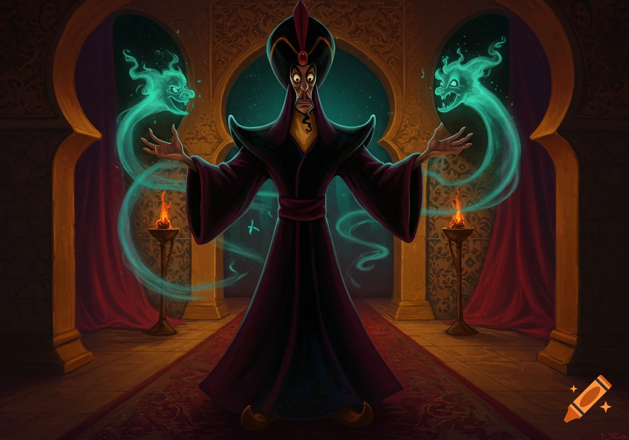 Jafar, with a worried expression, stands in a dark ornate hall ...