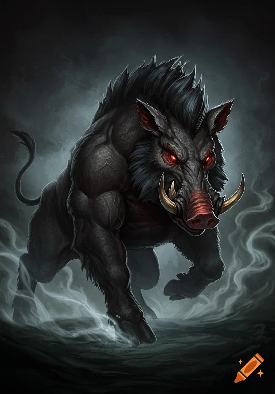 A muscular, dark fantasy wild boar with glowing red eyes and prominent ...