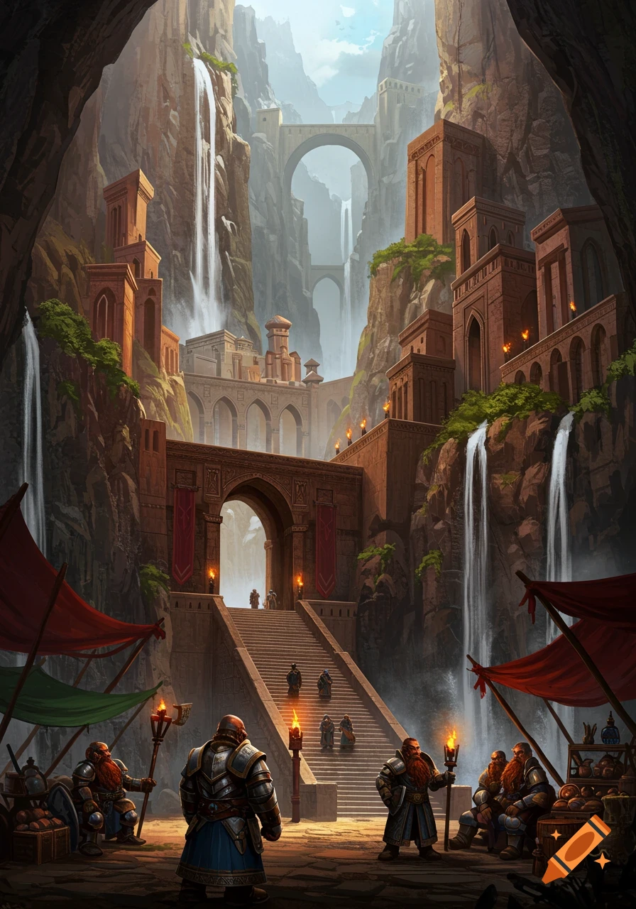 A grand dwarven city built into a mountain canyon with multiple ...