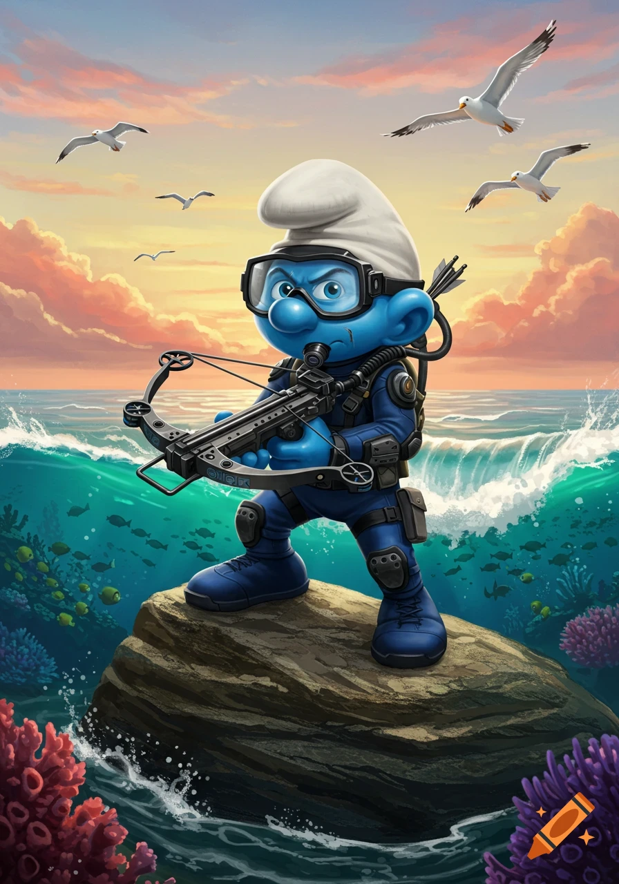 A Smurf character in Navy SEAL gear and a crossbow stands on a rock in ...