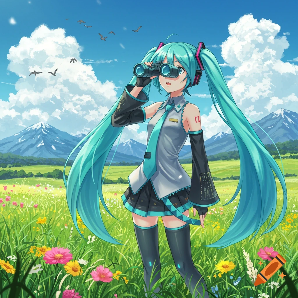Hatsune Miku in anime style, using binoculars in a field of wildflowers ...
