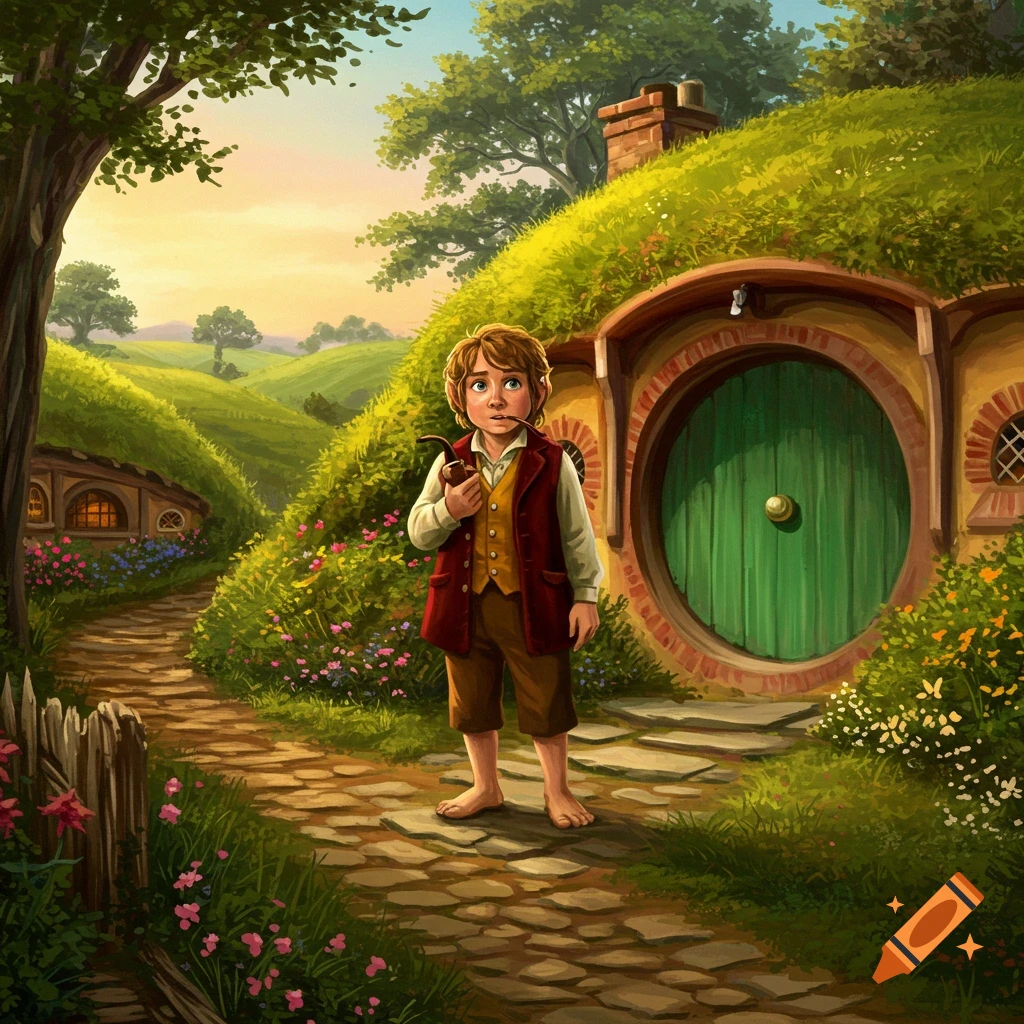 Illustration of a young hobbit with a pipe standing on a stone path in ...