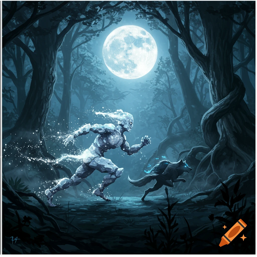 An ice creature runs through a dark forest under a full moon, pursued ...