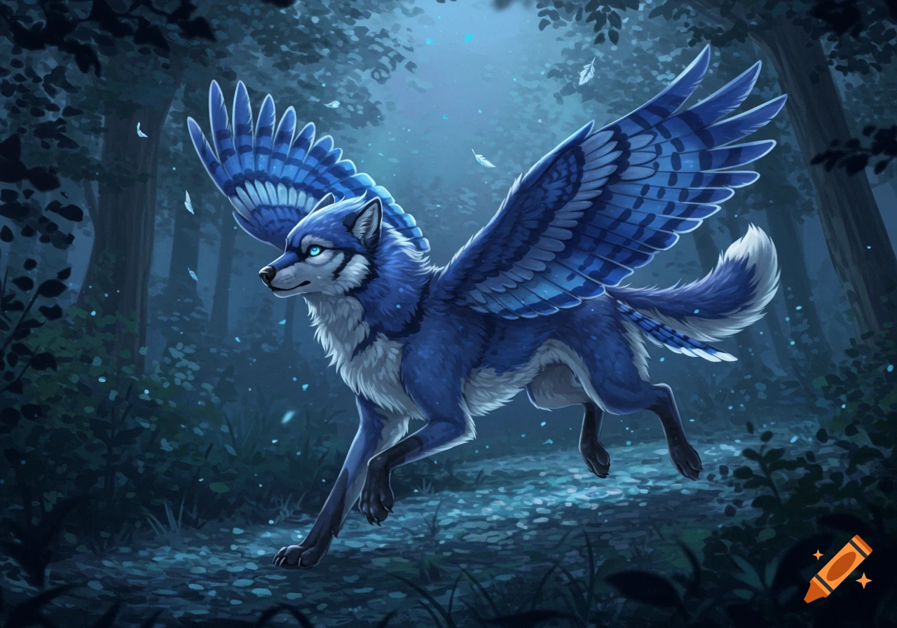 A blue wolf with bluejay wings and glowing eyes flies through a ...