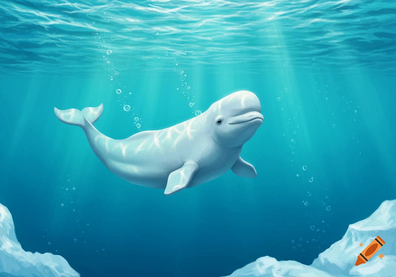 A cheerful white beluga whale swims underwater with light filtering from the surface and ...