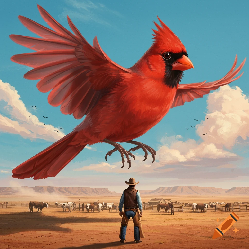 A giant red cardinal bird flies over a cowboy standing in a western ...