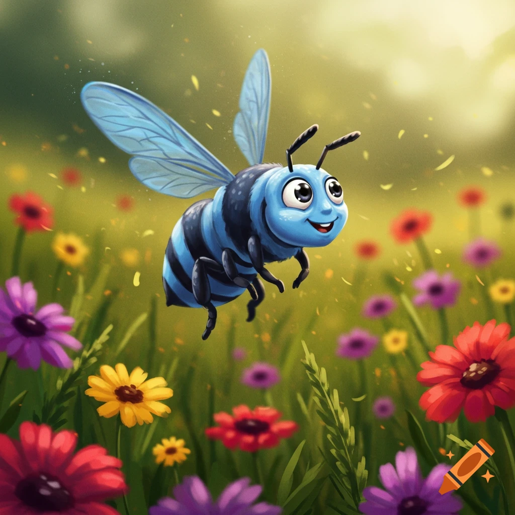 A happy blue and black striped cartoon bee with big eyes and blue wings ...
