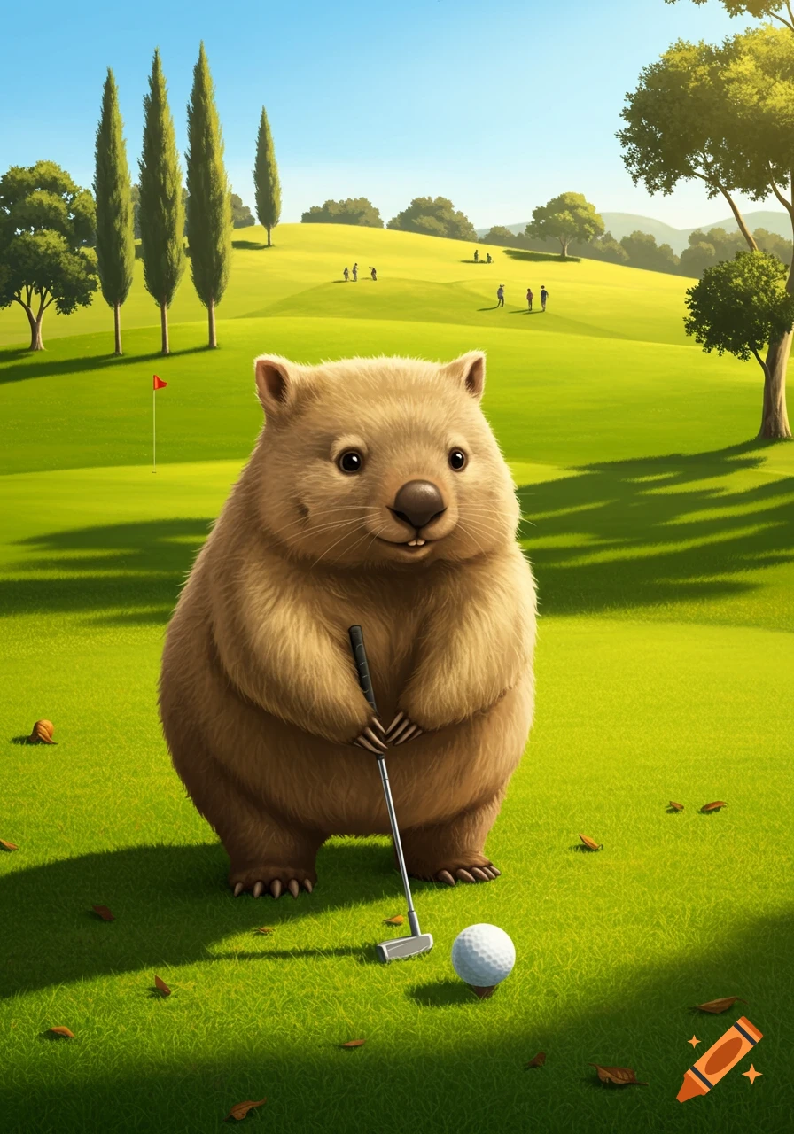 A fluffy wombat holds a golf club, ready to hit a golf ball on a bright ...