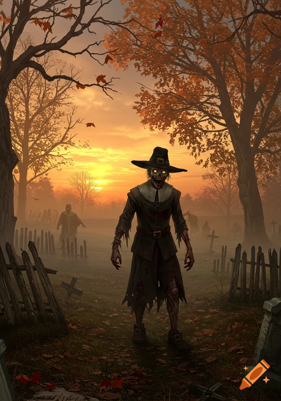 A zombie pilgrim with glowing eyes and torn clothes stands in a misty ...