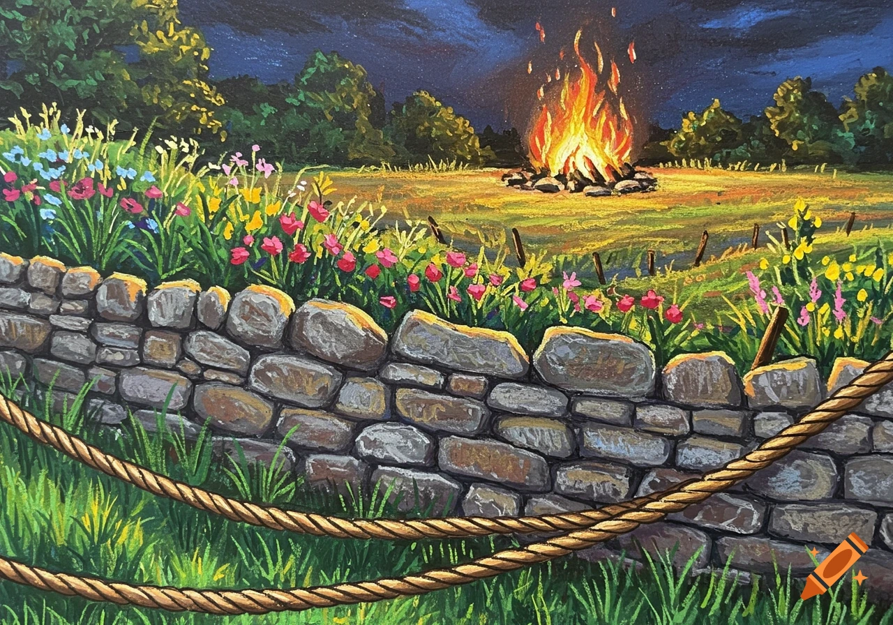 A colorful crayon drawing of a night landscape with a stone wall and ...