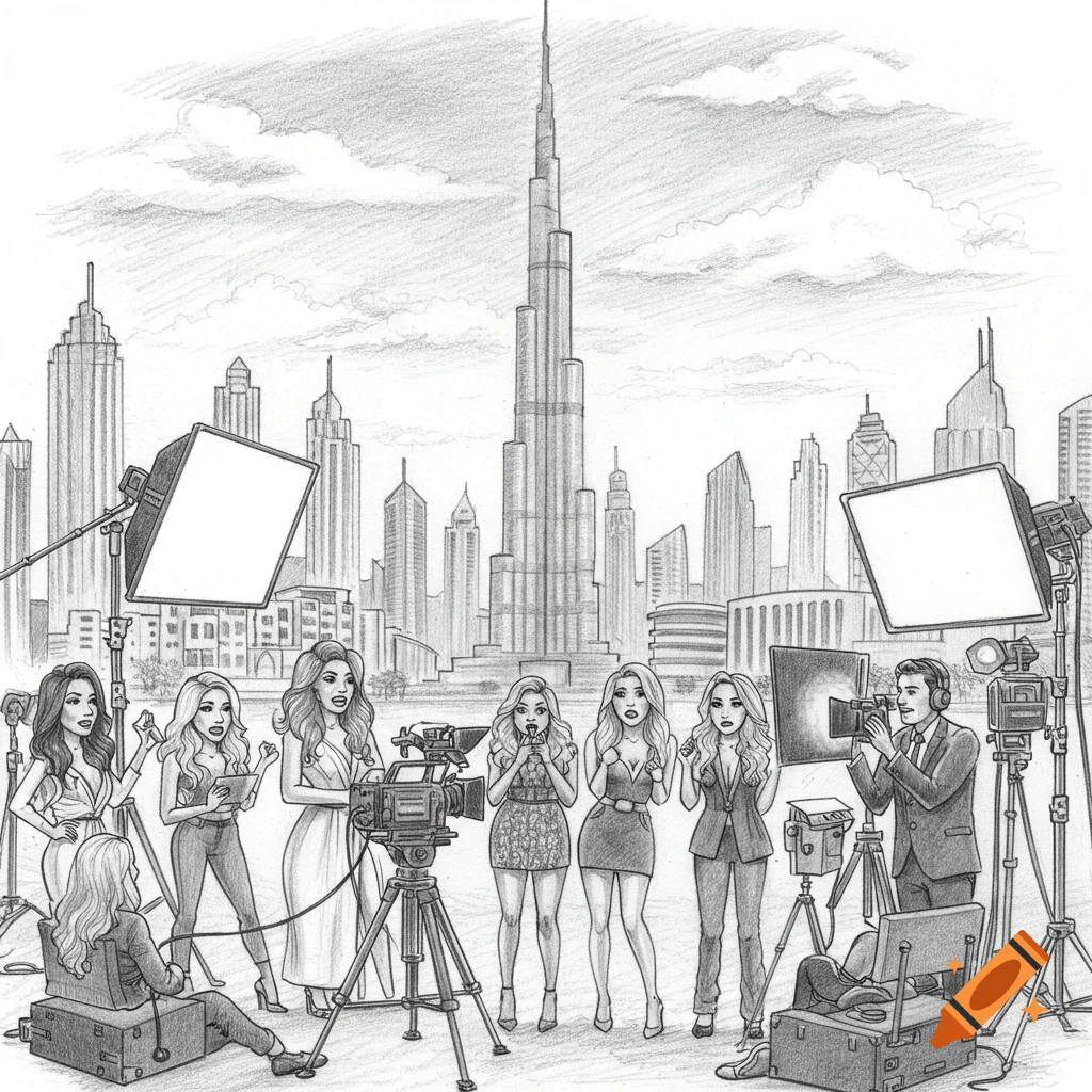 Pencil drawing of a film crew with several women and a man filming in ...