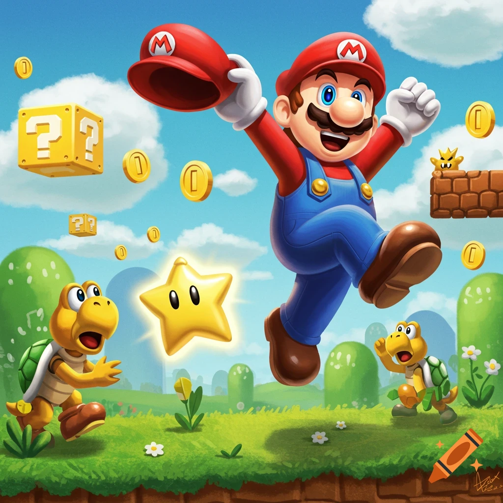Mario jumps, holding his hat, as Koopa Troopas watch. A star, question ...