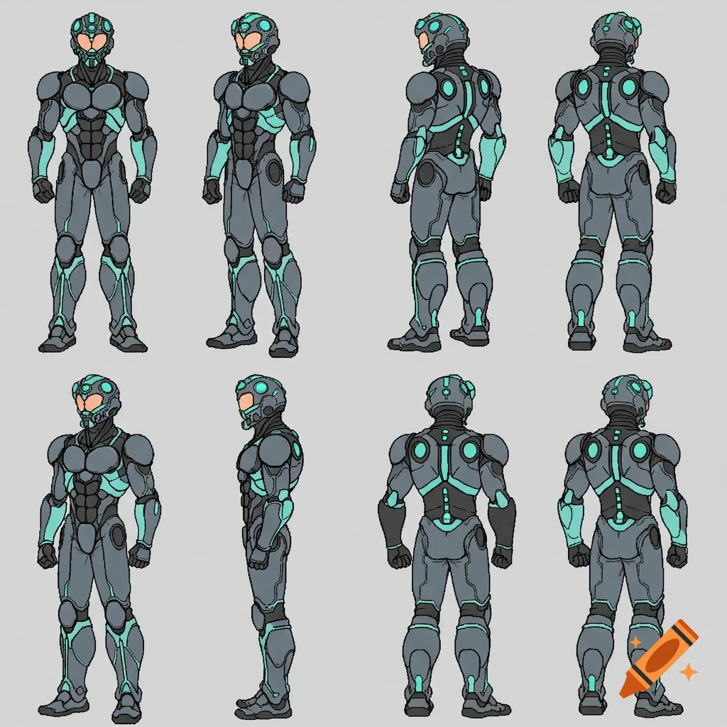 Eight views of a grey and black futuristic armored character with teal ...