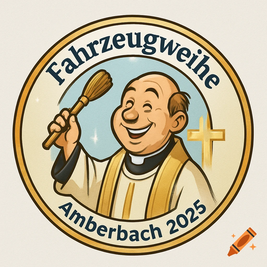 A cartoon logo featuring a smiling priest with a holy water sprinkler ...