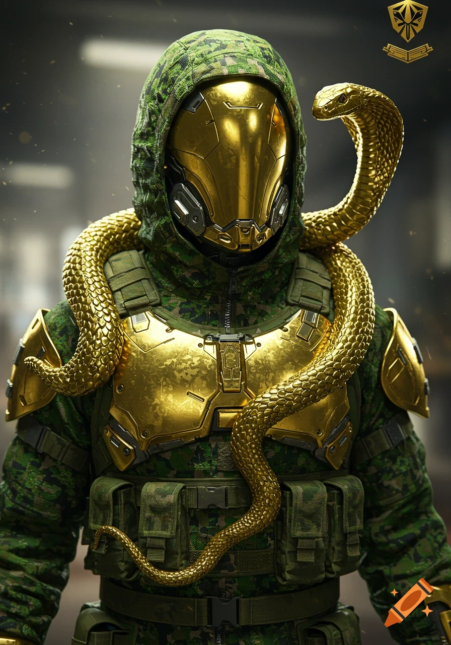 A person in futuristic golden tech armor and a green camouflage ghillie ...