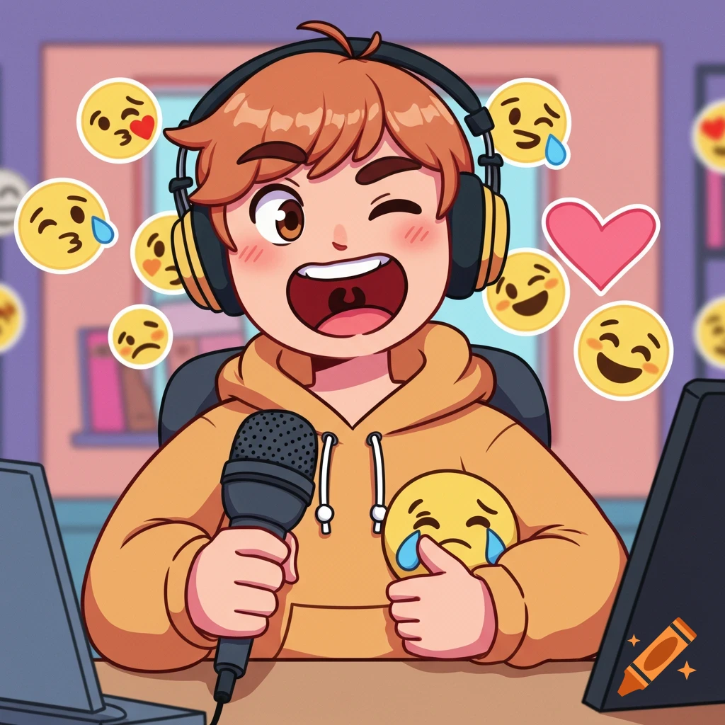A cartoon vlogger in a hoodie wears headphones, holding a mic and a crying emoji. Emojis and a ...