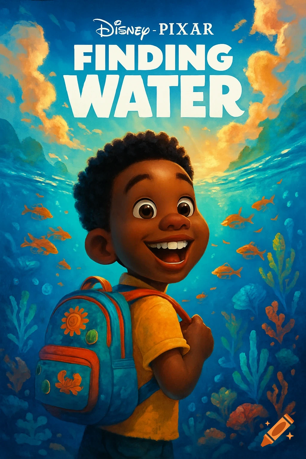 Disney-Pixar style movie poster for 'Finding Water' featuring a smiling ...
