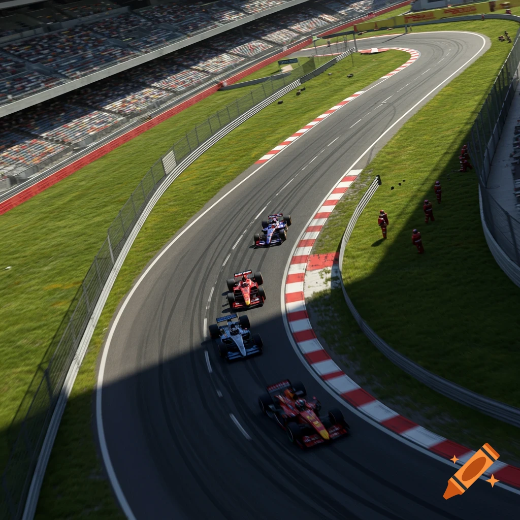 High-angle view of four Formula 1 race cars racing on a curved track ...