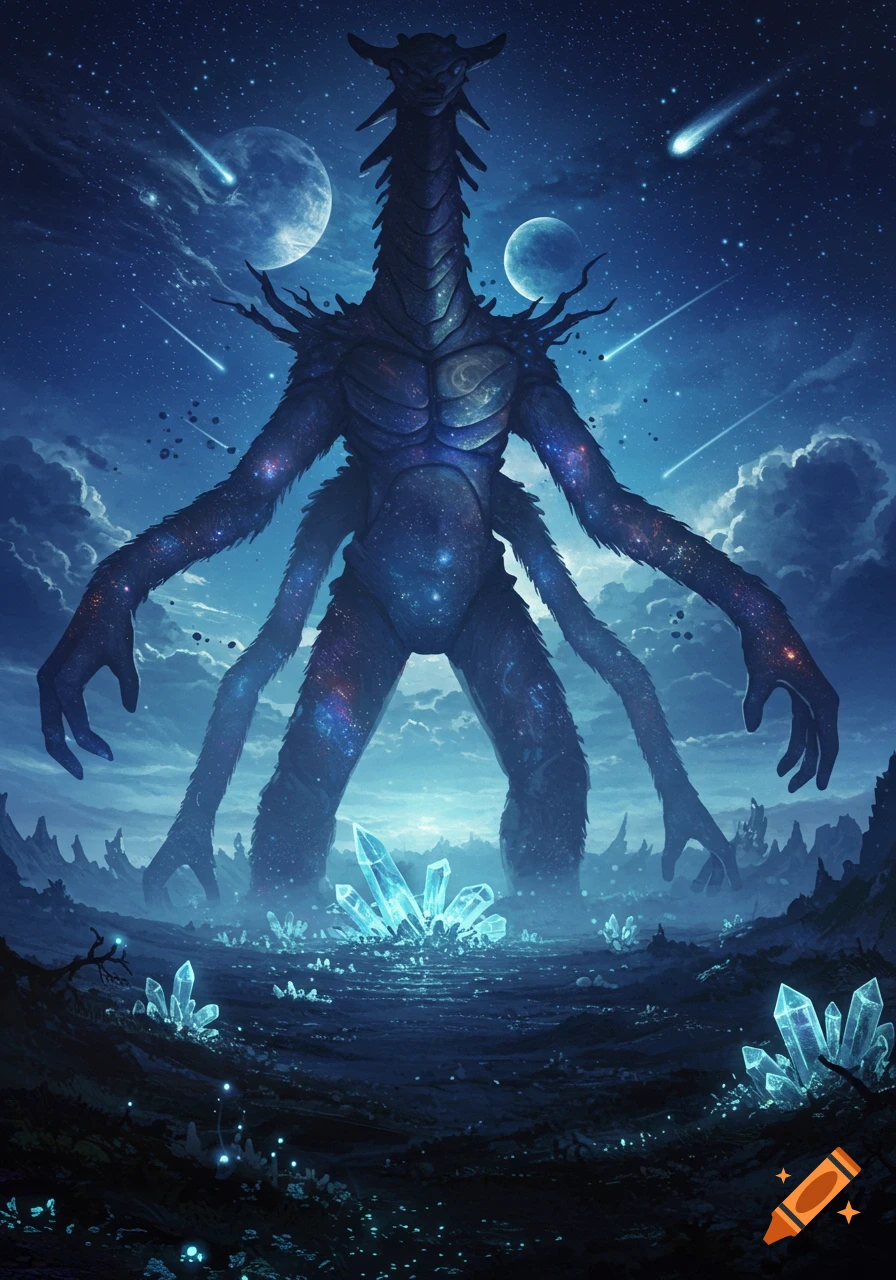 A massive, cosmic, multi-limbed creature stands on an alien planet ...