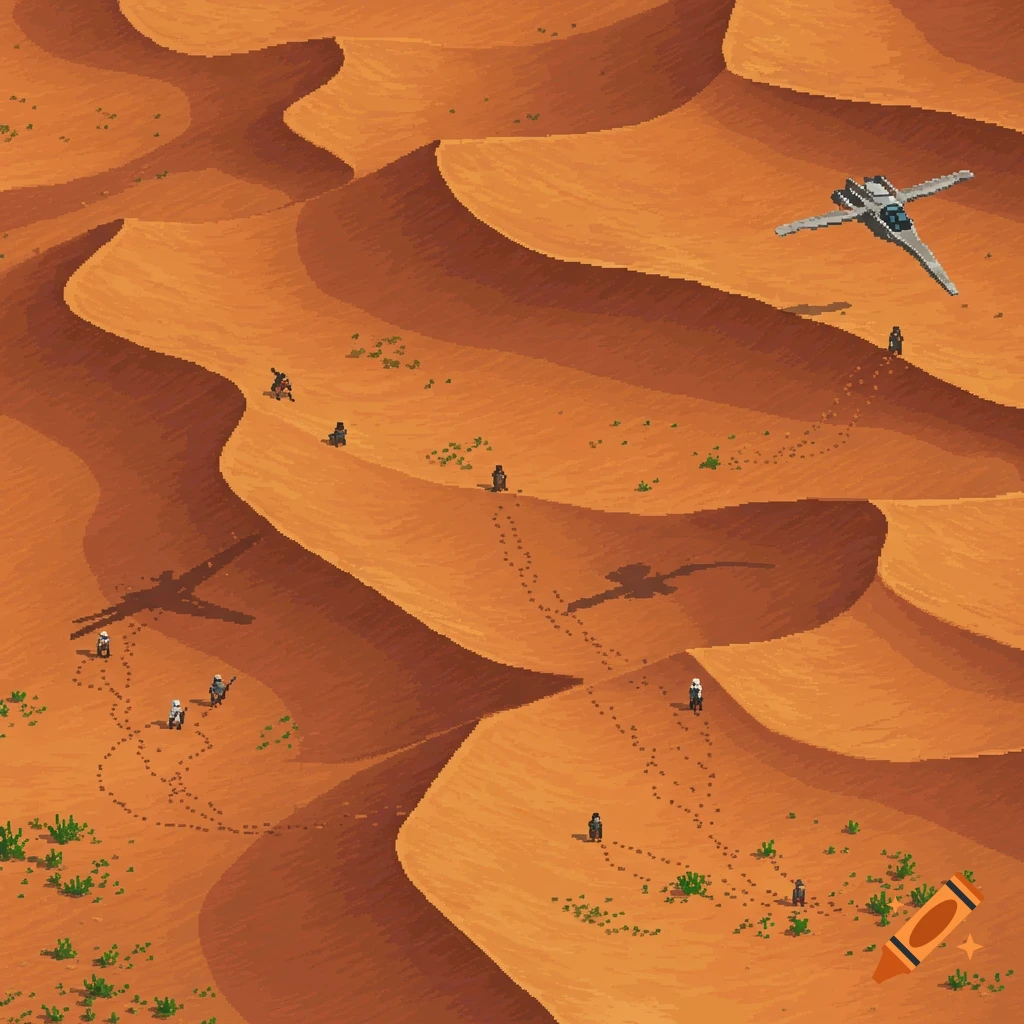 Top-down pixel art view of a desert planet with rolling sand dunes, a ...