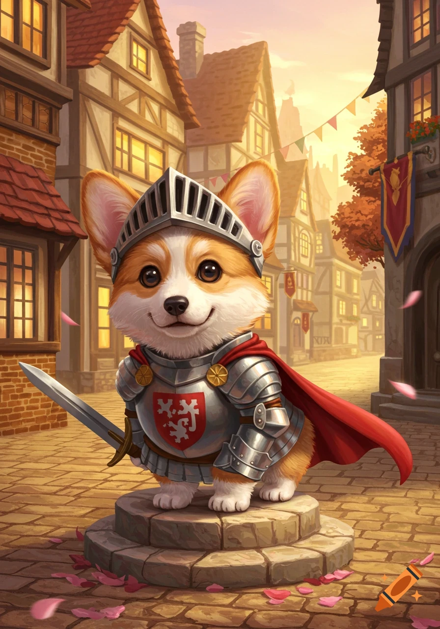 A cute corgi dog dressed as a knight in full armor, holding a sword and ...