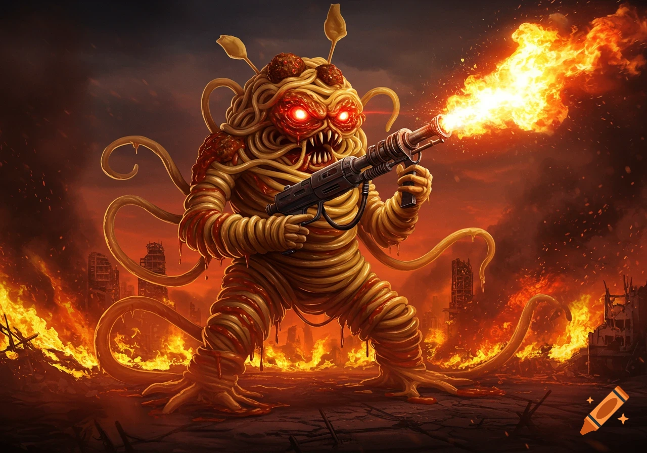 A grotesque spaghetti monster with glowing red eyes fires a ...